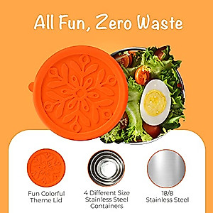 The Pinwheelers - Storage Containers With Lids, Food Storage Container Christmas Gift Bundle, Stainless Steel Containers With Lids In 4 Assorted Sizes, Family Gifts Ideas, Orange Lid