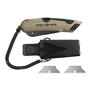 Spec Ops Tools Safety Knife Box Cutter, Includes Holster & Lanyard, 3% Donated to Veterans, black/tan