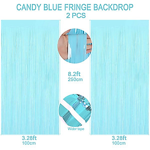 KALOR 2 Pcs 3.2ft x 8.2ft Candy Blue Metallic Shiny Tinsel Foil Fringe Curtain Photo Booth Backdrop for Birthday Party Baby Shower Wedding Graduation Party Decorations