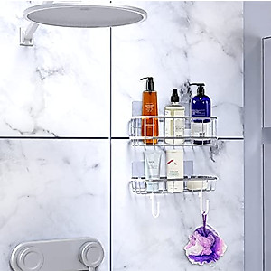 Simple Houseware 2-Tier Wall Mounted Adhesive Shower Caddy Shelf Organizer w/Hooks, Chrome