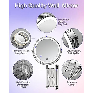Rechargeable Wall Mounted Lighted Makeup Mirror, 1X/10X Magnifying Mirror with 3 Light Settings, 8 Inch 360° Swivel Extendable Bathroom Mirror, Double Sided Telescoping Mesh Vanity Mirror - Chrome