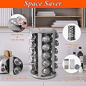 Revolving Spice Rack with 20 Jars, Rotating Spice Rack Organizer, Seasoning Organizer with Labels, Stainless Steel Spice Carousel for Kitchen Countertop, Cabinet