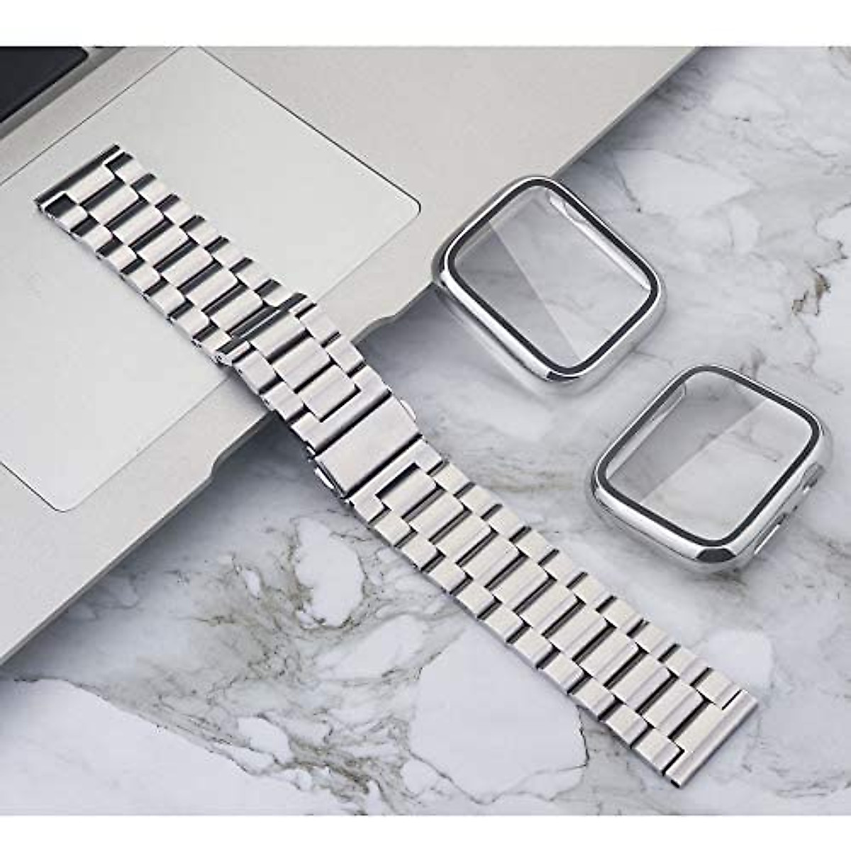 Bekomo 3-Pack Stainless Steel Apple Watch Band with 2 Pack Tempered Glass Screen Protectors, 49mm, 44mm, 45mm, 42mm, 40mm, 38mm, 41mm