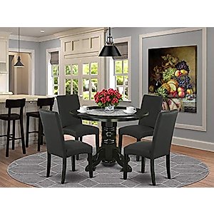 EAST WEST FURNITURE 5Pc Rounded 42 Inch Dining Table And Four Parson Chair With Black Finish Leg And Linen Fabric- Black Color