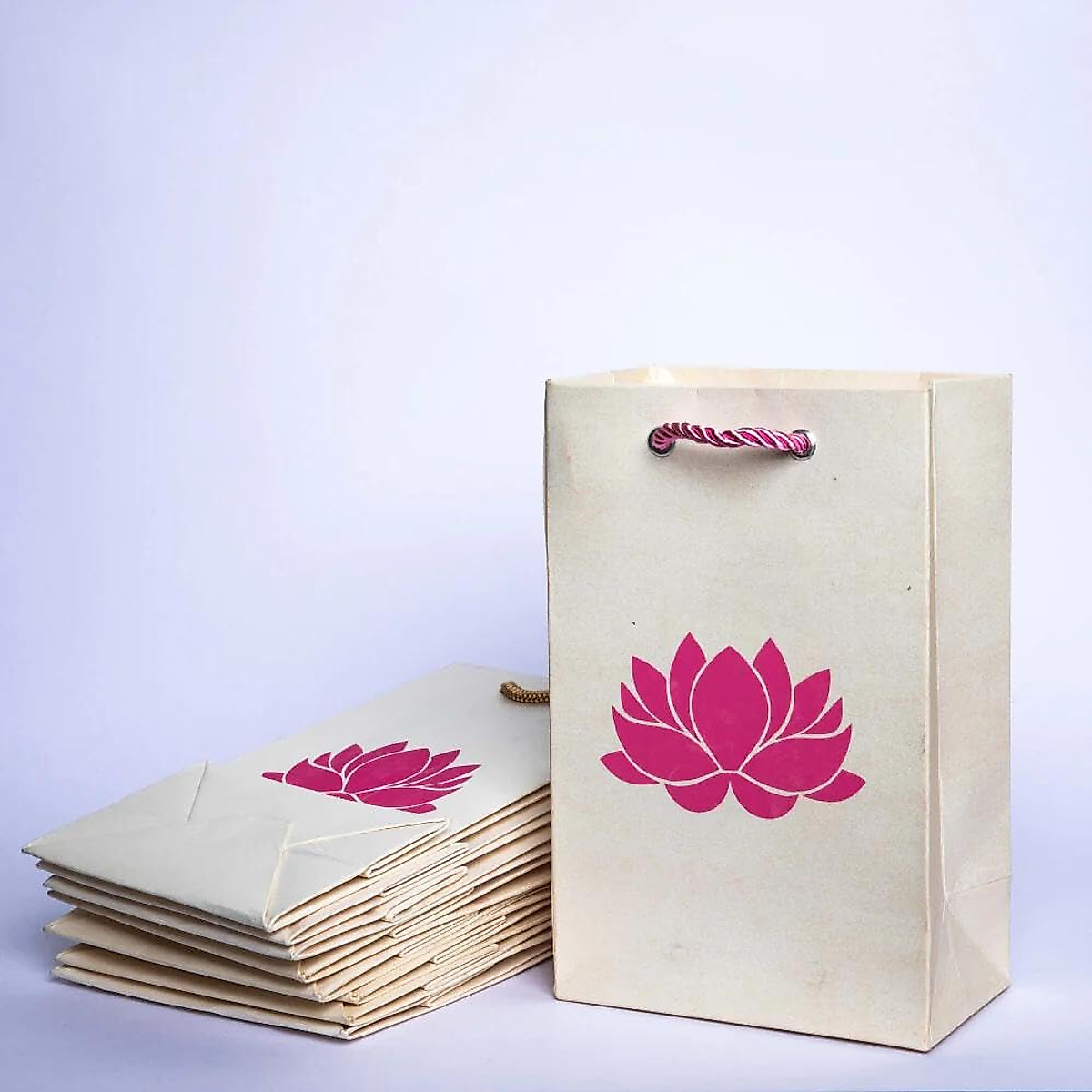 Desi Favors Lotus Gift Bags - Lotus Printed Paper Gift Bags for Christmas Weddings Birthdays Pooja/Puja Return Gifts Shagun Gift Bags - 7.4x4.7x3.14 Inch (Pack of 8)