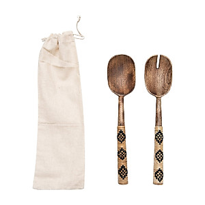 Creative Co-Op Mango Wood Salad Servers with Patterned Rattan-Wrapped Handles Serveware, Set of 2, Natural