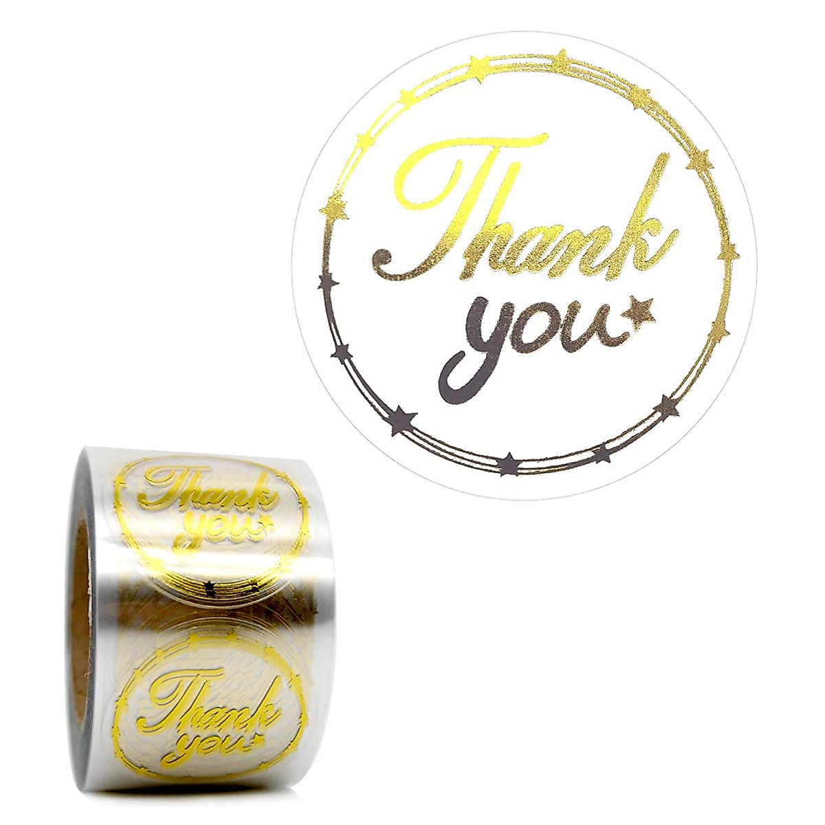 Thank You Stickers Roll 500 PCS Bokinyoung Round Transparent Gold Glitter Foil Seal Stickers 1.5 Inch Thank You Labels for Business