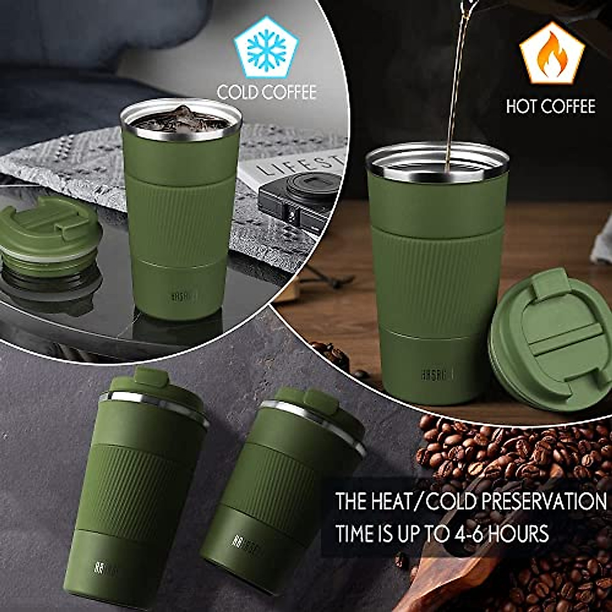 HASAGEI Travel Mug, Insulated Coffee Cup with Leakproof Lid - Vacuum Insulation Stainless Steel for Hot and Cold Water Coffee and Tea (green 380ml)