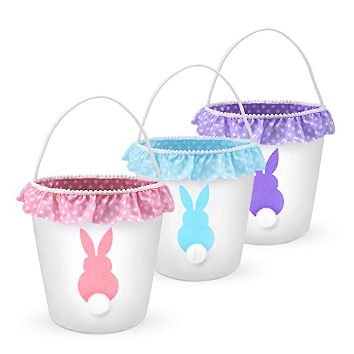 BOMMETER 3 pack Easter Egg Hunt Basket Bags for Kids Bunny Canvas Tote - Cotton Carrying Gift and Eggs Hunt Bag (Purple)