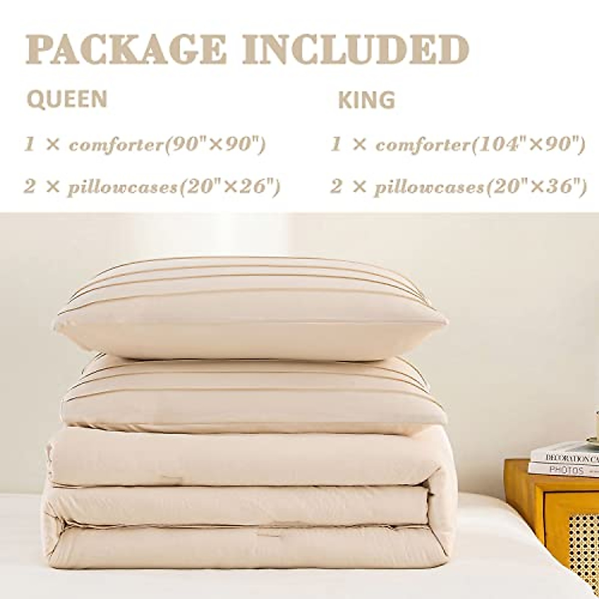 ALEISSEL Stripes Blush Beige Comforter Queen Size,Pleated Queen Comforter Set Lightweight, Ultra-Soft Beige Bedding Set Queen Size 3 Pcs, Down Alternative Comforter Set(Blush Beige,Full/Queen90 x90)