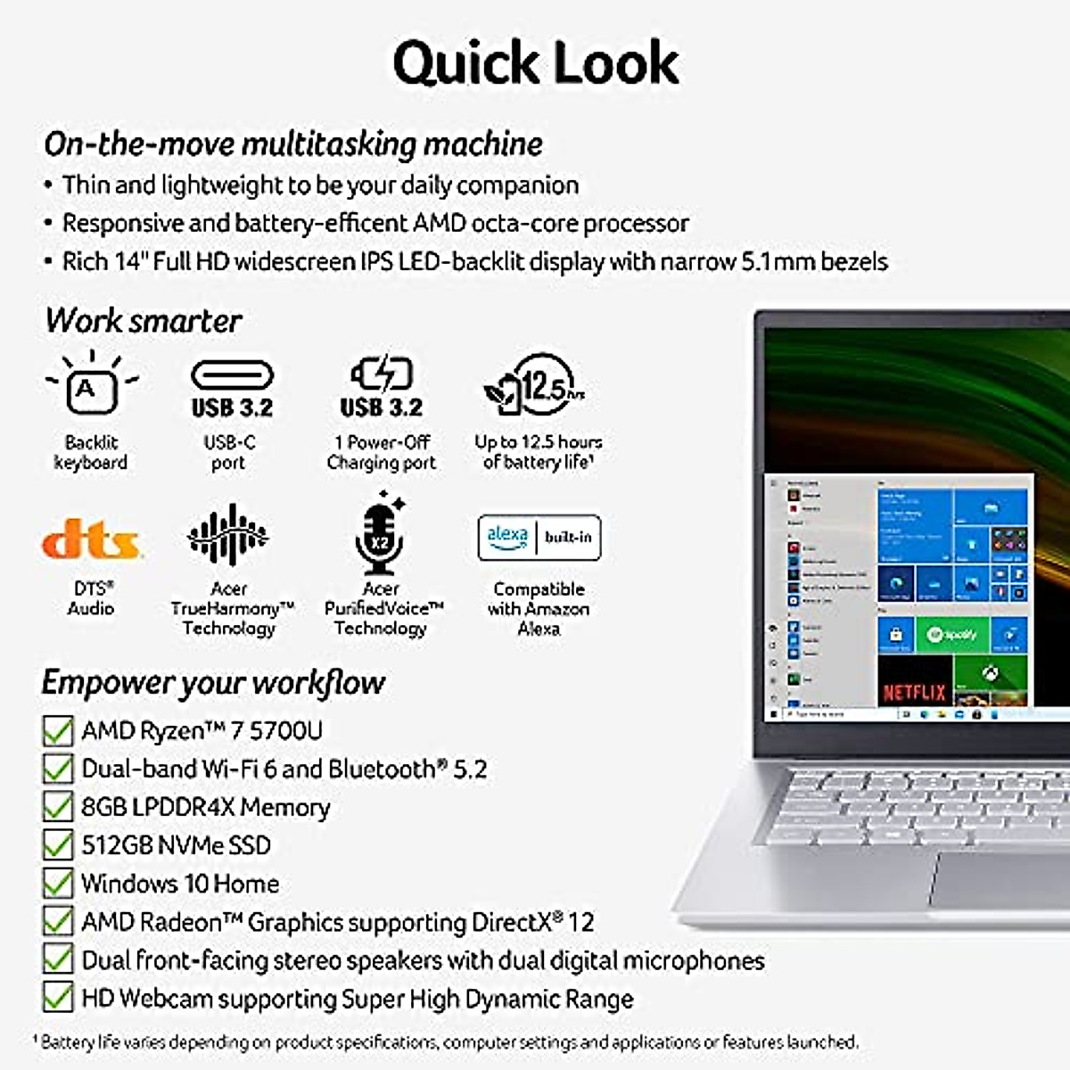 Acer Swift 3 Thin & Light Laptop | 14" Full HD IPS 100% sRGB Display | AMD Ryzen 7 5700U Octa-Core Processor | 8GB LPDDR4X | 512GB NVMe SSD | WiFi 6 | Backlit KB | FPR | Amazon Alexa | SF314-43-R2YY