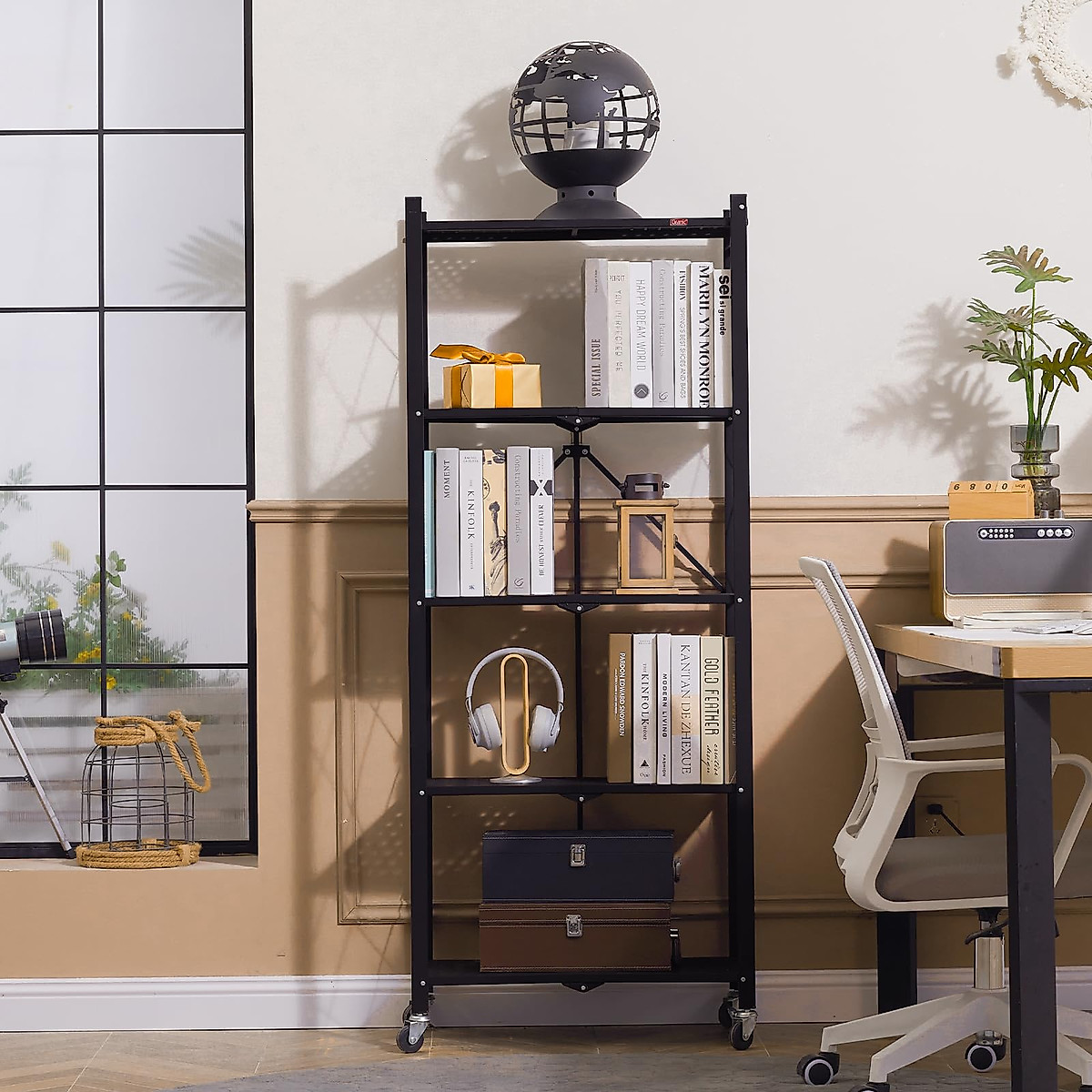 DEANIC 5-Shelf Folding Shelves Bookcase with Wheels, Heavy Duty Storage Shelves, Freestanding Metal Wire Shelving Unit for Living Room, Office, Kitchen, Basement, Pantry (Black)