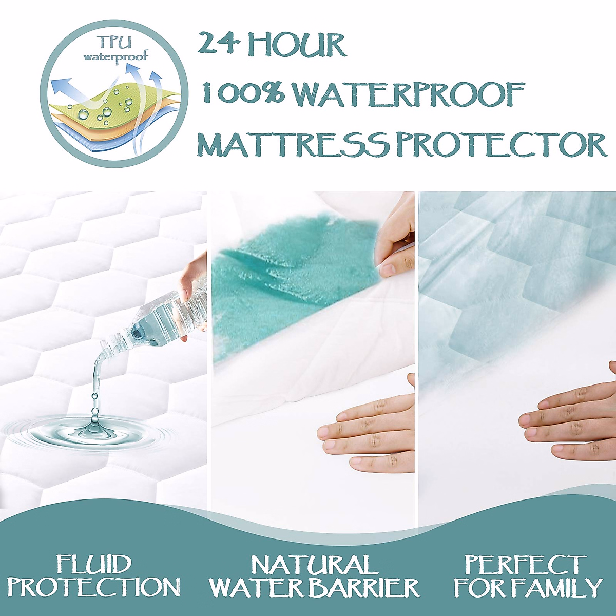 Queen Quilted Waterproof Mattress Pad Cover,Soft Mattress Pad Cover, Waterproof Mattress Protector Stretches up to 16” Deep Pocket-Hollow Alternative Filling-Cooling Mattress Topper