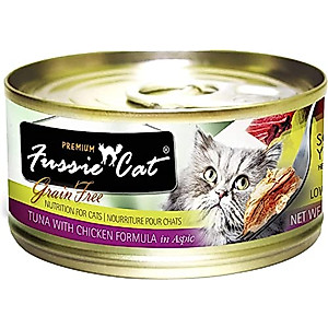 Fussie Cat Premium Canned Grain Free Cat Wet Food - Variety Bundle 4 Flavors Pack with HS Pet Food Bowl (12 Cans) (Tuna & Ocean Fish- Tuna & Salmon - Tuna & Shrimp - Tuna & Chicken) (2.82 Oz)