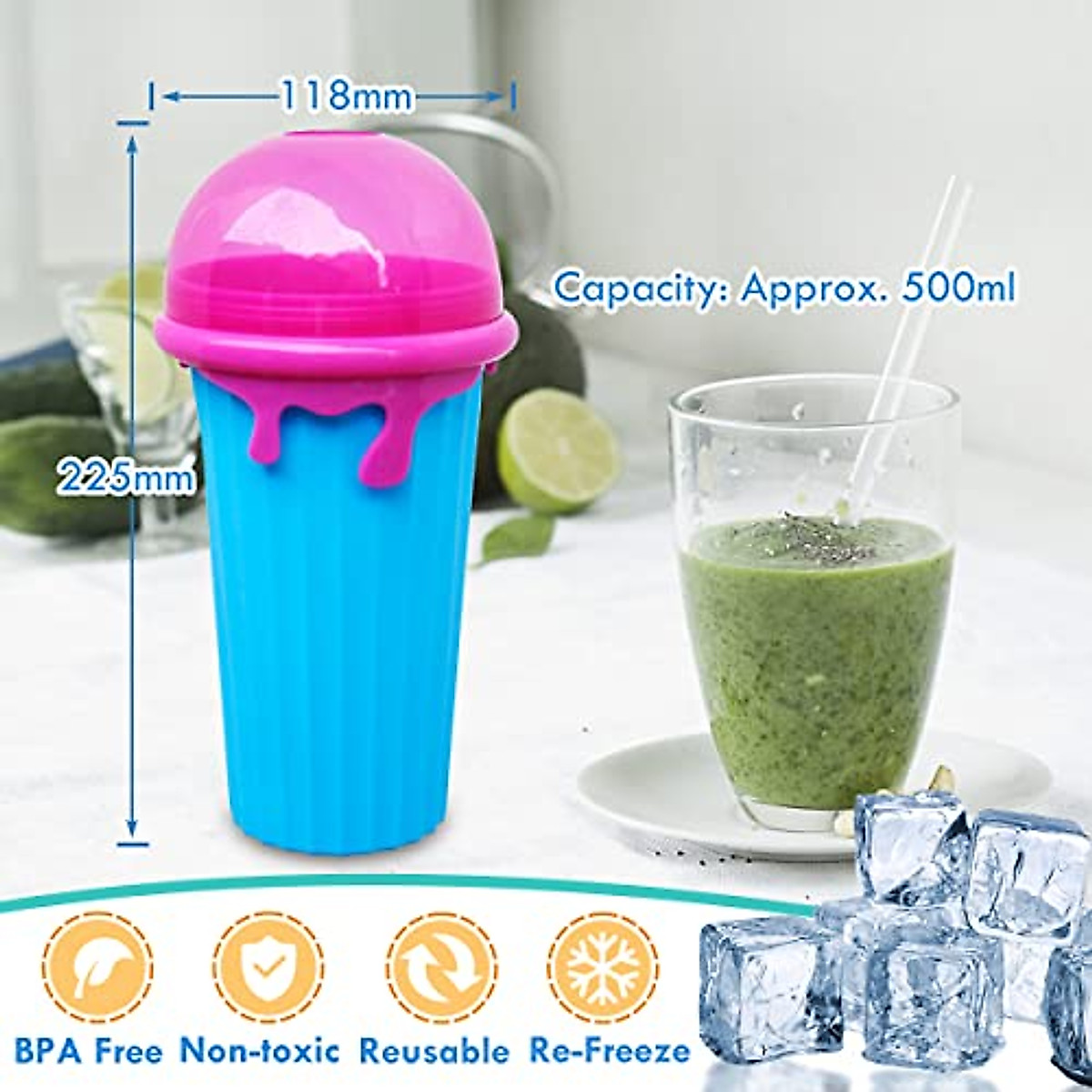 Slushie Maker Cup Squeeze, 500ml DIY Quick Frozen Magic Cup Slushy With Lids & Straws for Kids & Adults, Homemade Summer DIY Ice Cream Maker (Blue)
