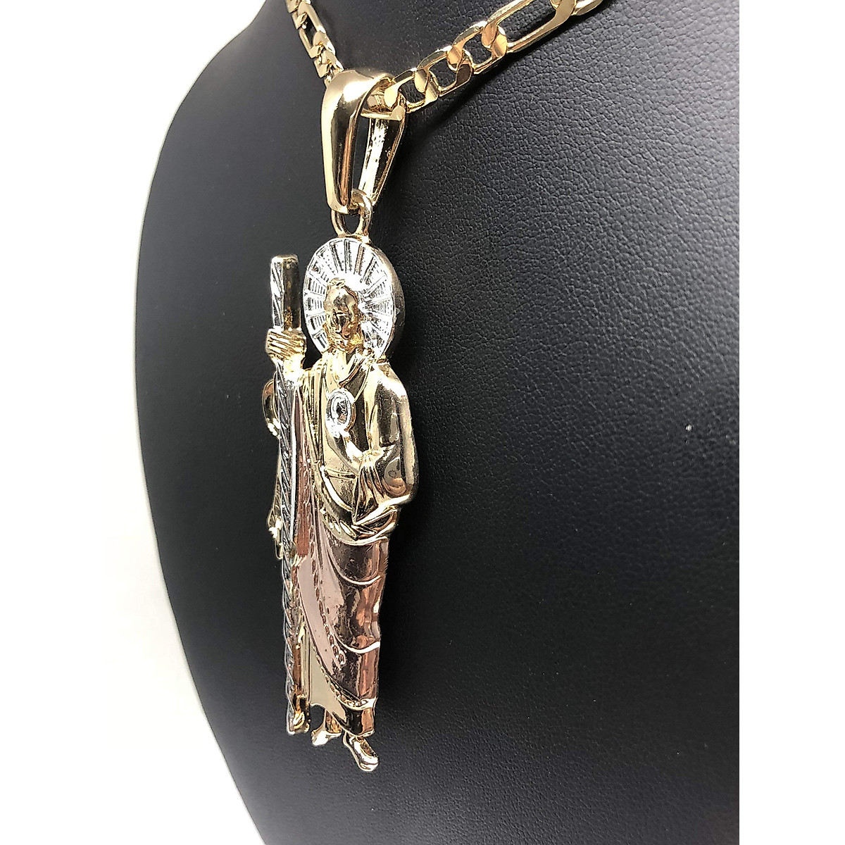 Big Saint Jude Pendant Necklace Figaro 26" San Judas Tadeo XL Tres Colores Medalla Con Oro Laminado