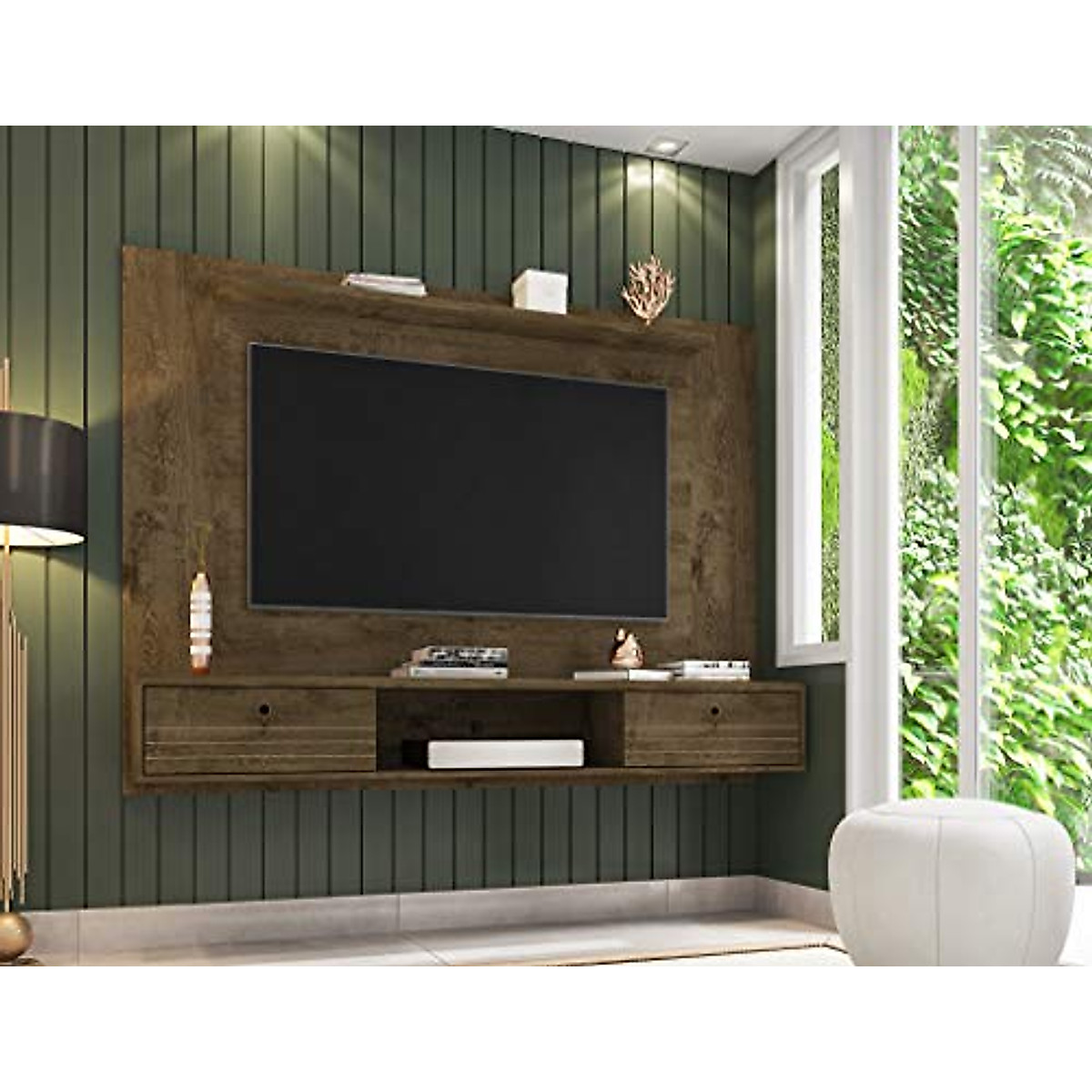 Manhattan Comfort Liberty 70.86 Floating Wall Entertainment Center with Overhead Shelf in Rustic Brown