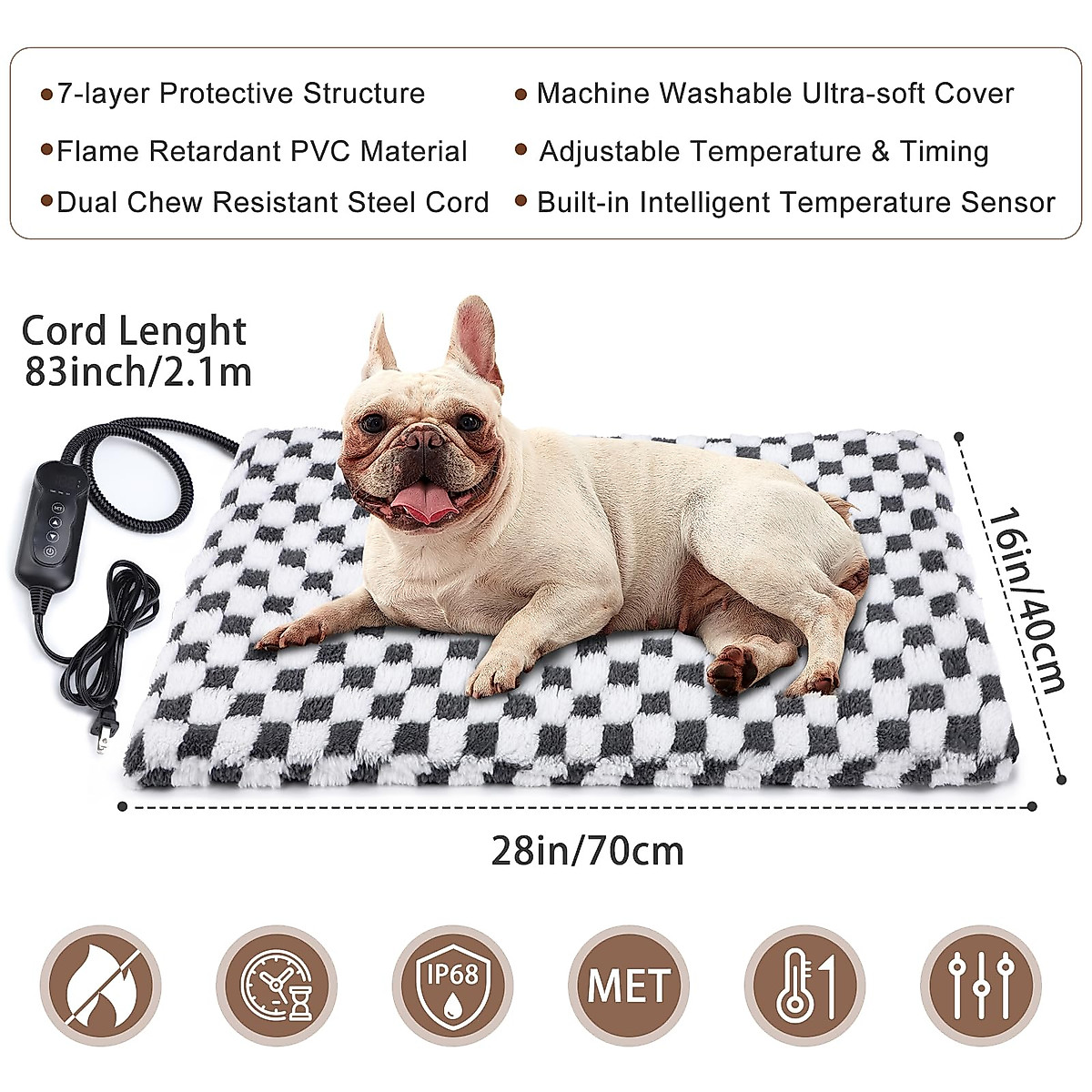 MIXJOY Heated Dog Bed, 11 Adjustable Temperature Dog Heating Pad Indoor with Timer, Pet Heating Pad for Dogs Cats, Electric Cat Heating Pad with Washable Cover, Heated Pet bed-28''x16'', Medium