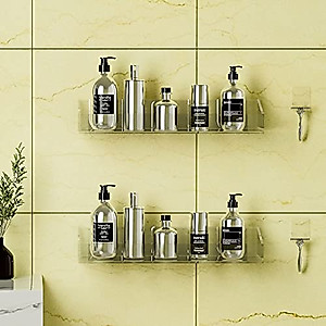 Sinminou Acrylic Shower Caddy Shelf 2- Pack of Traceless Adhesive Wall Mounted, No Drilling and Anti-rust, Clear Storage Rack for Shampoo Holder, Floating Acrylic Bathroom Shelves with Hooks for Razor