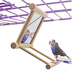 Bird Toy for Parrot Parakeets Conures Cockatiels Cage Swing Wooden Mirror Fun Play Toy for Birds