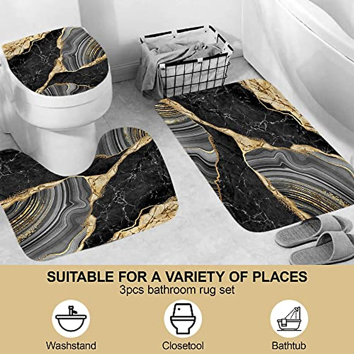 beifivcl 4Pcs Marble Shower Curtain Sets, Bathroom Decor Sets, Luxury Shower Curtain with 12 Hooks, Bath Mat, Toilet Lid Rug and Non-Slip U Shape Mat Accessories Marble Print, 72 x 72 Inch, Black