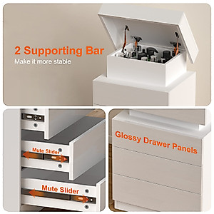 YILQQPER Nightstand with LED Lights, 3 Drawers and 1 Flapping Top Storage Box, White Night Stand for Bedroom, Modern Tall Bedside Table with High Gloss Panel, Glacier White