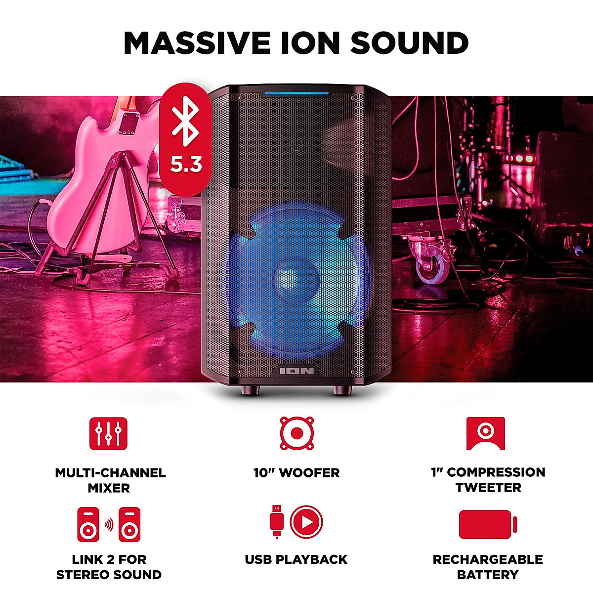 Ion Audio Trouper 300 - Battery Powered Portable Bluetooth Speaker with Rechargeable Battery, Multi-Channel Mixer and Lights (Renewed)