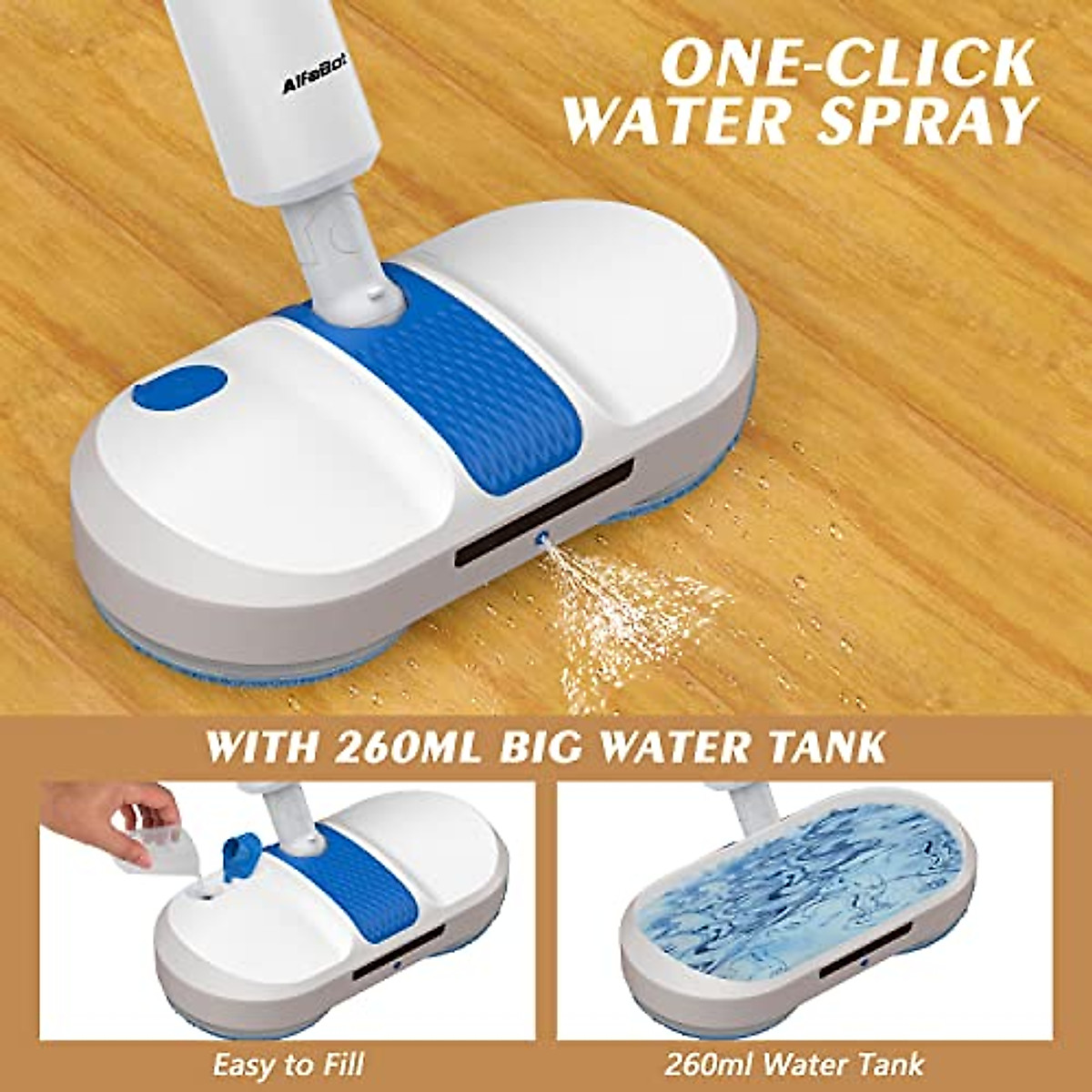 AlfaBot Electric Mop for Floor Cleaning, Cordless Spin Mop with Water Sprayer and LED Headlight, Super Quite & Rechargeable Floor Scrubber for Hardfloor