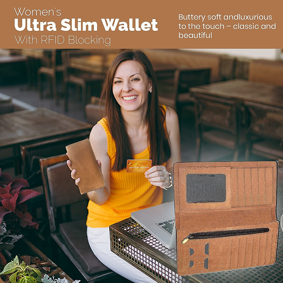 Women's Ultra Slim Wallet With RFID Blocking, 12 Slots For Credit Cards, Id Holder, Cash pockets, Zipper Slot - Ladies Genuine Leather Wallets