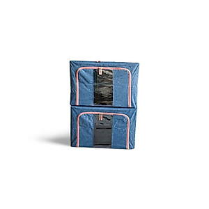 Clothes Storage Organizer with Metal Frame (Set of 2), Extra Large 66L | Foldable Storage Bin Boxes with Clear Window | Stackable, Moisture Proof, Dust Proof | Strong Carry Handles for Clothing, Bedding, Blanket, Closet | Clothes Storage (Blue)
