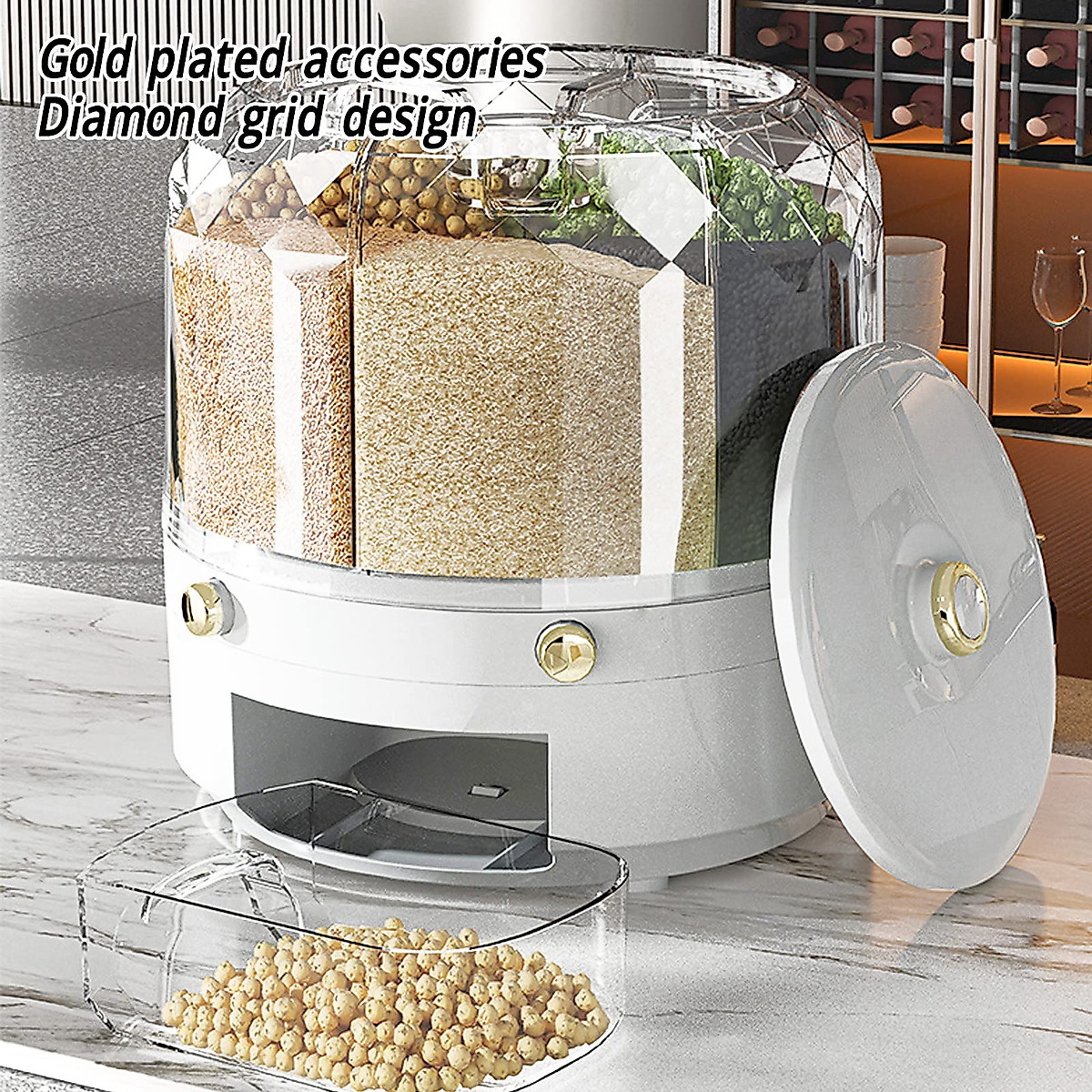 Rice and Grain Storage Container, 6KG Capacity 6 Grid Rice Dispenser, 360° Rotatable Food Storage Container, One Click Button Dry Food Storage Box Rice Bucket for Cereal, Grain, Beans(White)