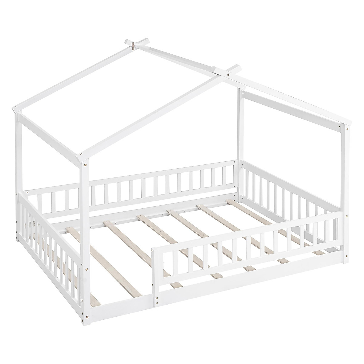Harper & Bright Designs Full House Bed with Rails,Full Floor Bed for Kids,Full Size Montessori Bed Frame with Support Slats,Wooden Kids Full Playhouse Beds for Boys Girls(White)