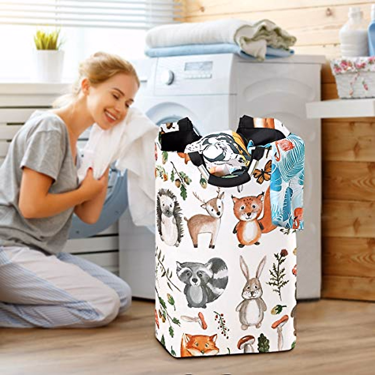 senya Large Laundry Basket Shopping Foldable Clothes Bag Collapsible Fabric Laundry Hamper Folding Washing Bin (Woodland Animals)