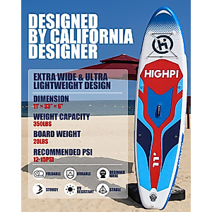 HIGHPI Inflatable Paddle Boards, 11'x33''x6'' SUP for Adults&Youth, Stand Up Paddle Boards with Accessories, Anti-Slip Deck, Stable Durable Lightweight, Suitable for Yoga Fishing Traveling