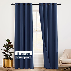 RYB HOME Soundproof Blackout Energy Effeciency 3-in-1 Curtain Set with Notoxic Detachable Liner for Home Office Theater Privacy Seperating Drapes, Navy Blue, W 52 x L 95 inches, 2 Pcs