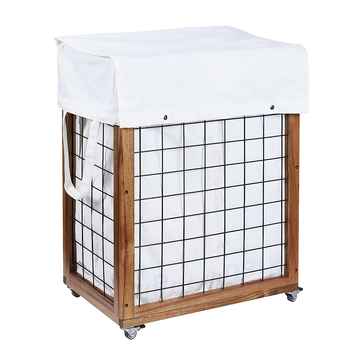 EVERBBKING Laundry Hamper with Wheels, Rolling laundry hamper with lid,acacia wood laundry cart, 2 section Laundry Basket, 75L capacity with Removable Liner Bag for laundry room,bedroom