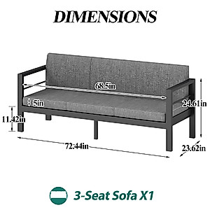 GARTOO Outdoor Aluminum 3 Seat Sofa Chair - Patio Furniture 3 Person Sofa with Waterproof Cushions, Modern Outside Weather Resistant Sofa Seat for Balcony, Garden, Poolside