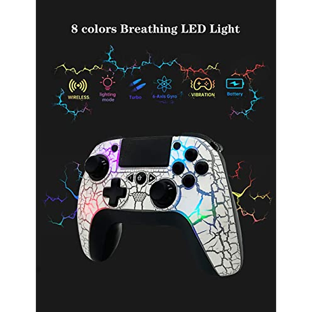 TEDBOX Wireless Controller for PS4, Wireless Remote Gamepad with Unique Cracked Design/8 Adjustable LED Colors/Programmable Back Buttons/Super Turbo/Dual Vibration, Widely Compatible with PS4/PC/iOS
