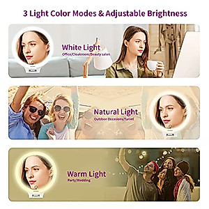 Lighted Magnifying Makeup Mirror, Two Sided 1X/10X Round Vanity Mirror with Adjustable Folding Swiwle Handle, 3 Color Lighting, Rechargeable