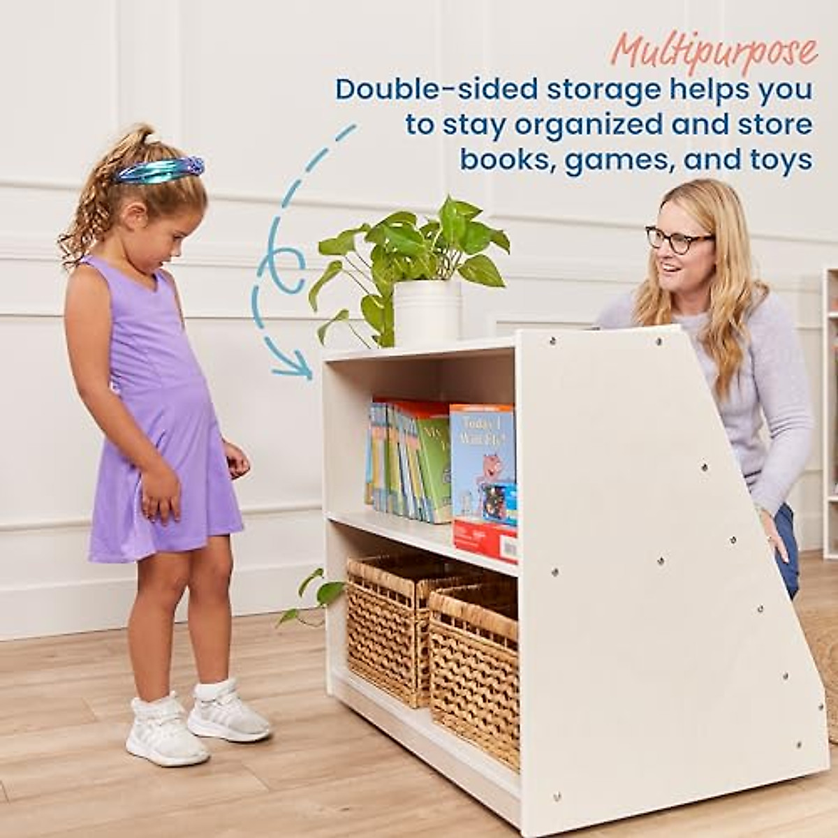 ECR4Kids Double-Sided Mobile Book Display with Storage, Classroom Bookshelf, White Wash