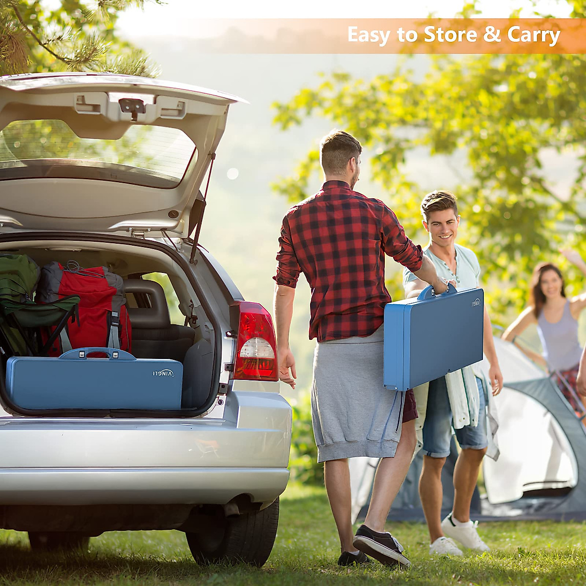 VINGLI 4 Ft Camping Picnic Table Set with 4 Seats with Umbrella Hole Folding Lightweight Suitcase Card Table-220 Lbs Support Aluminum Frame, Plastic RV Tabletop for Barbecue,Travel,Outing,Gathering