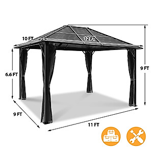 QZEN 10' x 12' Patio Hardtop Gazebo, Outdoor Canopy Gazebo with Netting, Metal Gazebo for Patio, Lawn, Garden, Deck, Outdoor Party…