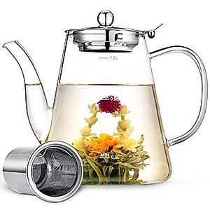 Zpose 1200ml Teapot with Removable Loose Tea Infuser, Borosilicate Glass Pot with Scale Line, Stovetop Safe Kettle for Blooming Tea, Gift Box for Tea Maker