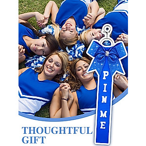 Landical 24 Pcs Cheer Pin Me Ribbon Cheer Keychain Cheer Ribbon Pins with Rhinestones Bow for Cheerleader Bag Backpack (Blue)