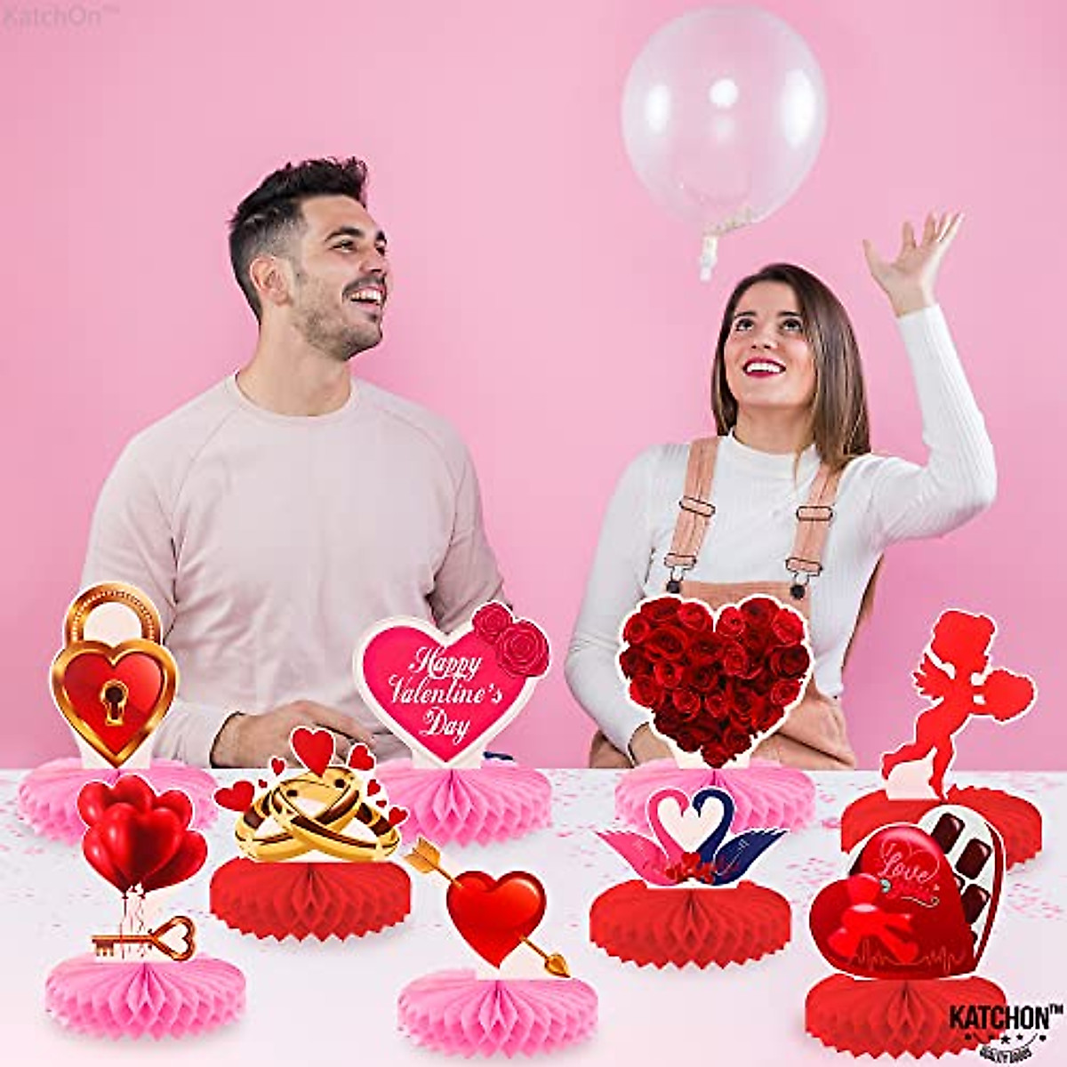 KatchOn, Valentine Honeycomb Centerpieces - Pack of 9 | Red and Pink Valentines Decorations for Party | Valentines Day Decorations for Table | Valentines Centerpieces for Valentines Table Decor