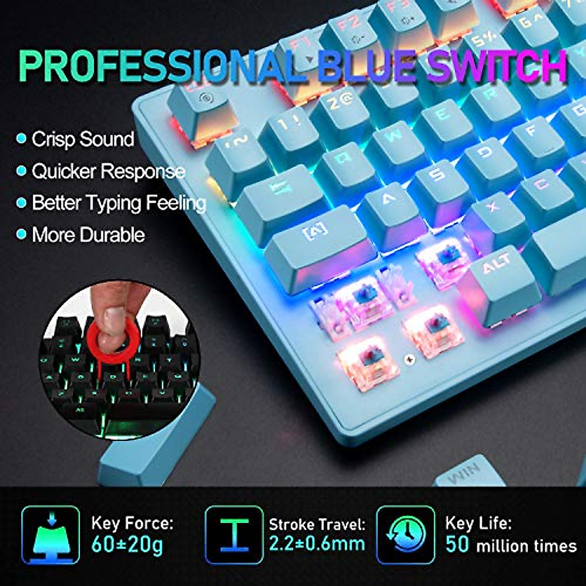 Mechanical Gaming Keyboard, LED RGB Backlit Compact 87 Keys Mini Wired Office Keyboard with Blue Switch for Windows Laptop PC Mac - Blue