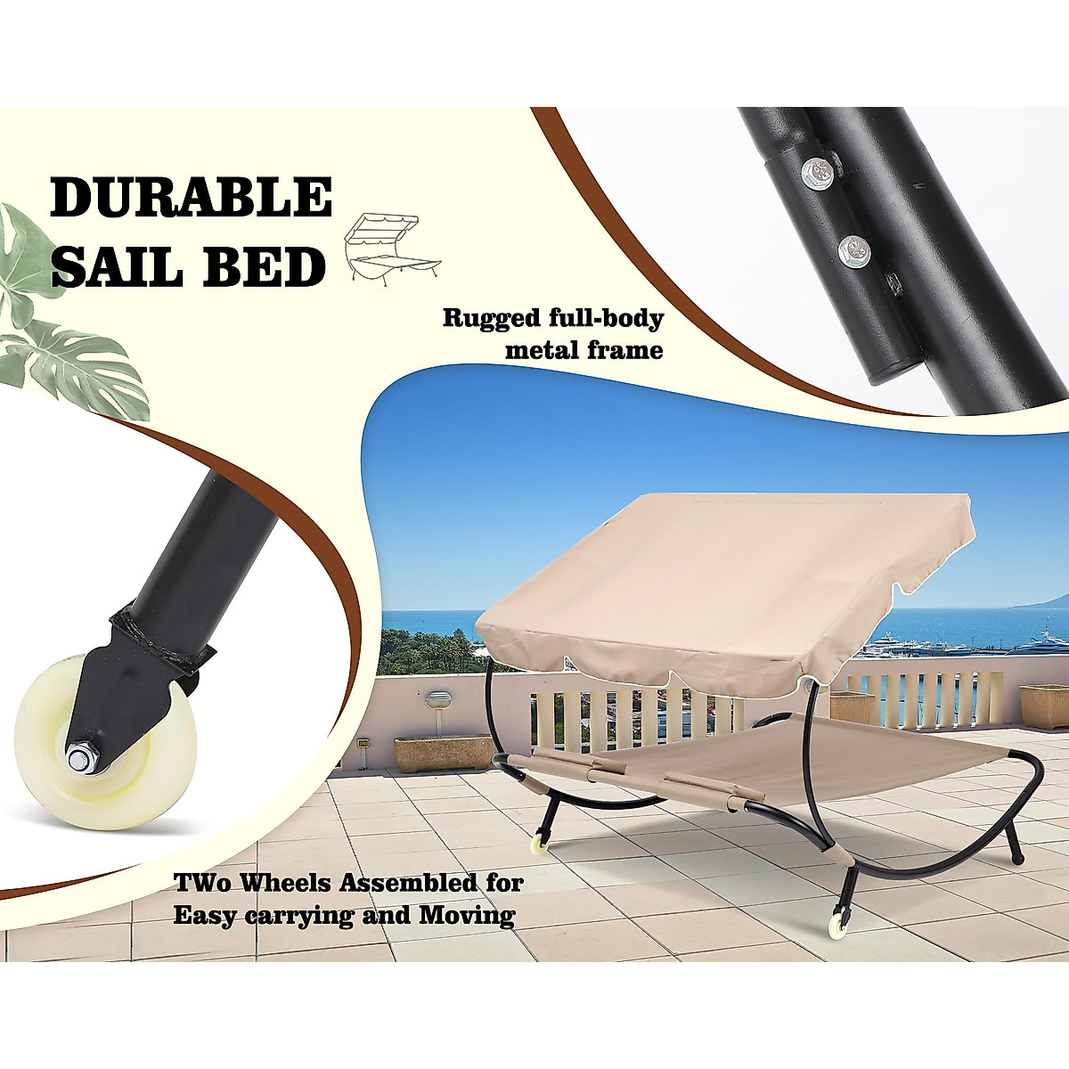 Grepatio Double Chaise Lounge Bed with Adjustable Canopy Outdoor Lounger Bed with Wheels Large Patio Hammock Daybed with 2 Pillow for Garden, or Poolside Sun Room