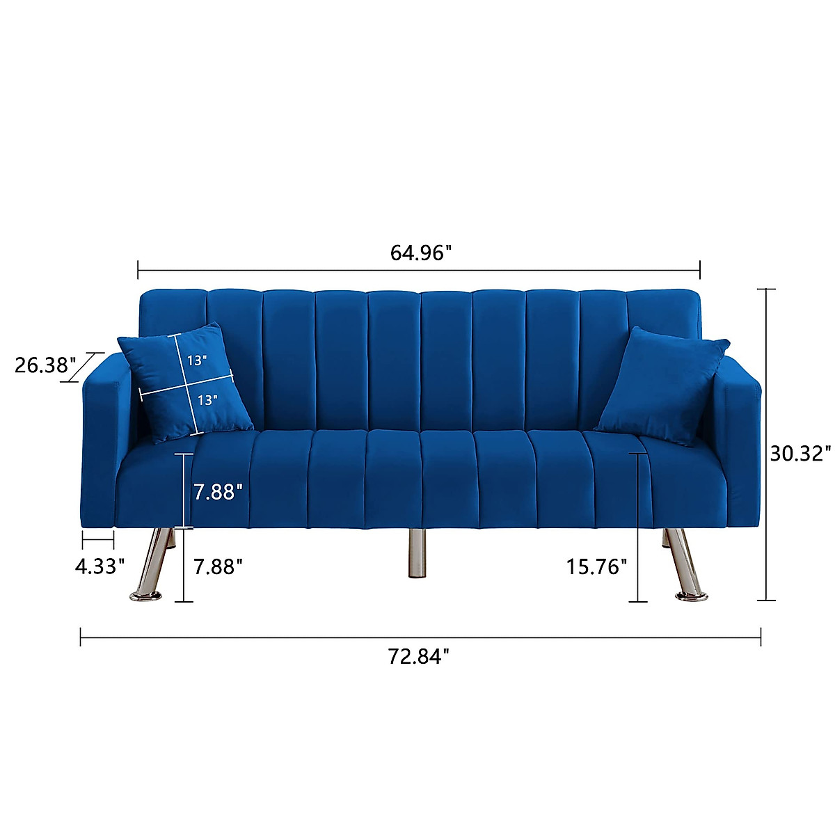 AWQM Sofa Bed, Upholstered Convertible Sofa Bed with 2 Pillows, Modern Velvet Sleeper Sofa Couch with Wooden Frame and Metal Legs, Small Couch for Living Room Bedroom Office (Blue)