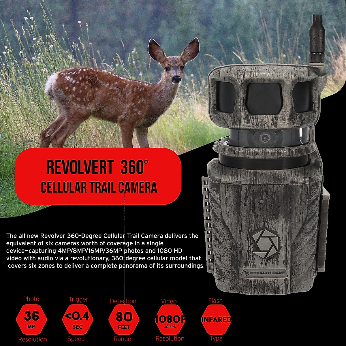 Stealth Cam Revolver 36MP 360 Degree Cellular Trail Camera with 1/4-Inch Threaded Mount Bundle with Economy Trail Camera Holder, 32GB Ultra SDHC Memory Card, and SD USB 2.0 Card Reader (4 Items)