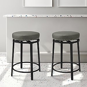 FLYZC Bar Stools Set of 2 Counter Height Swivel Bar Stools Backless Round Barstools 24inch Grey Upholstered Faux Leather Counter Height Stools Counter Stools for Kitchen Counter Island Grey